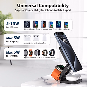 KU XIU Foldable 3 in 1 Charging Station for Apple, Fast Magnetic Wireless Charger Compatible with iPhone 15 14 13 12 Pro/Max/Plus, 5W for Apple Watch 9/8/7/6/5/4/3/2/SE/Ultra 2, AirPods 3/2/Pro(Black)