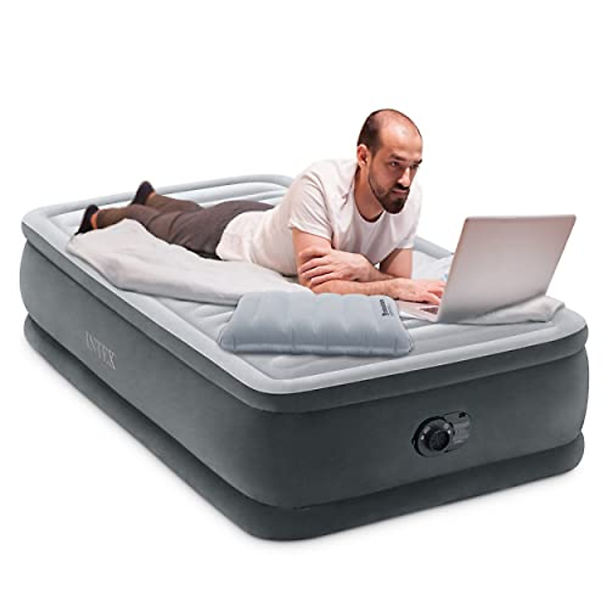 Intex Twin Air Mattress with Built in Pump - 18" Dura-Beam Deluxe Comfort Plush Twin Blow Up Mattress with Wholesalehome Inflatable Pillow for Camping, Travel and Home