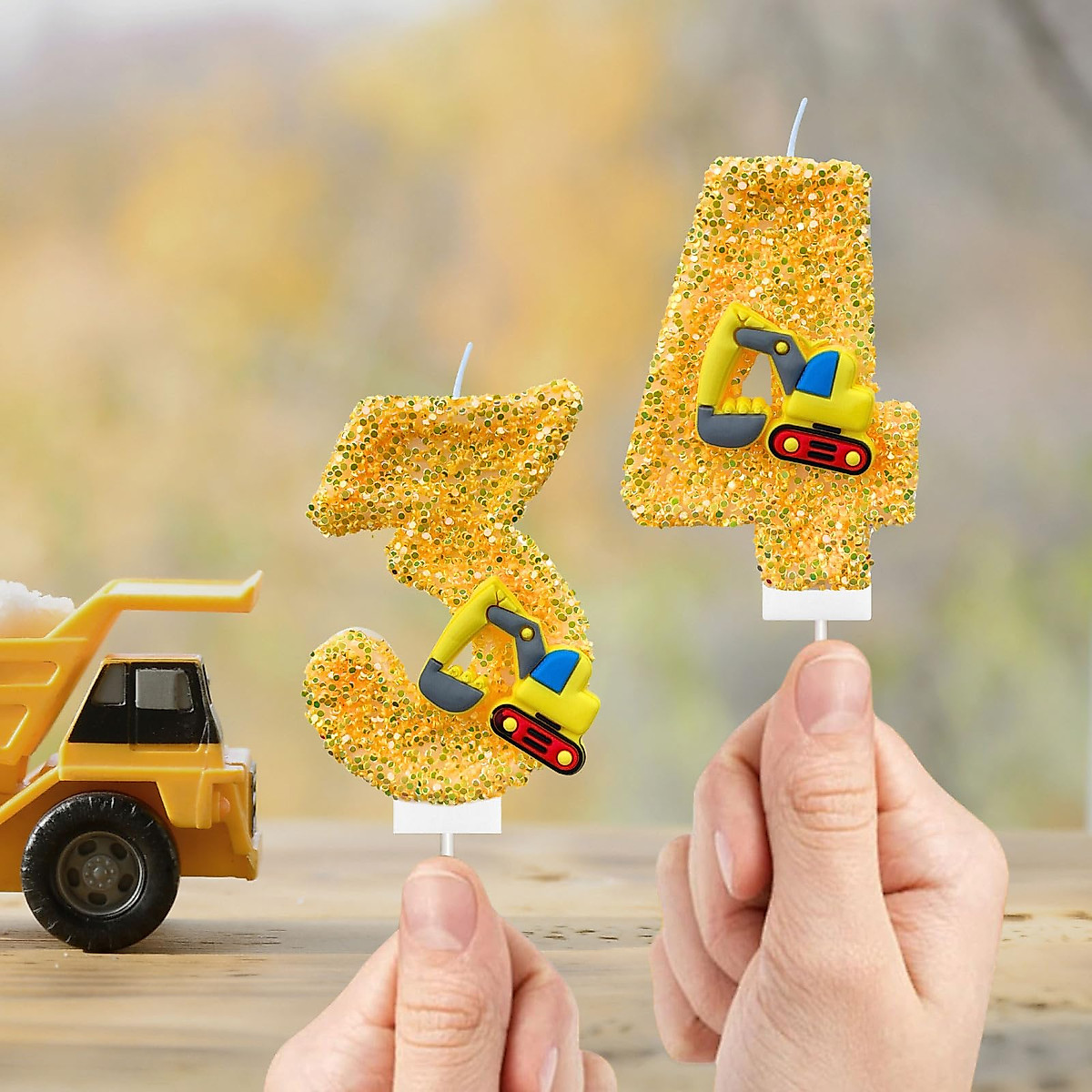 CasaPopz Construction Birthday Candles for Cake Decoration Yellow Glitter Number 2 Candle Construction Cake Topper Construction Themed Cupcake Topper Birthday Party Decorations Supplies Favors