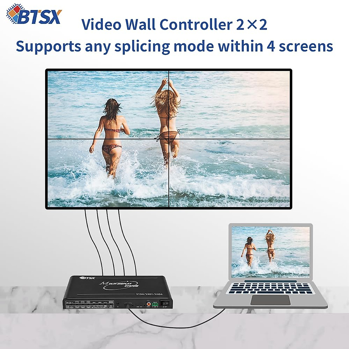 Video Wall Controller 2x2 4k60Hz BTSX TV Wall Controller HDMI Input 4K & Output 1080P with 10 Splicing Modes Support 180 Degree Rotate for All Modes