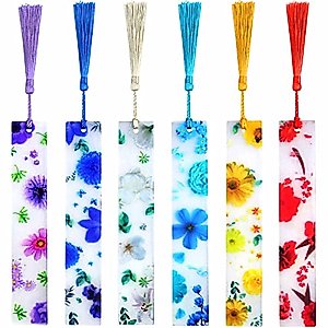 6pcs Acrylic Flower Shape Bookmarks Transparent Handmade Floral Reading Book Bookmarks Flower Page Markers with Colorful Silky Tassels for Reader Writer Student Graduation, 6 Styles