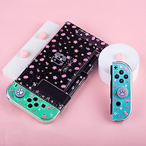 RHOTALL Cute Case Compatible with Nintendo Switch, Kawaii Accessories for Switch, Glitter Crystal Clear Cover for Switch and Joy Con Controller with 2 Glitter Thumb Grips - Cherry Blossoms