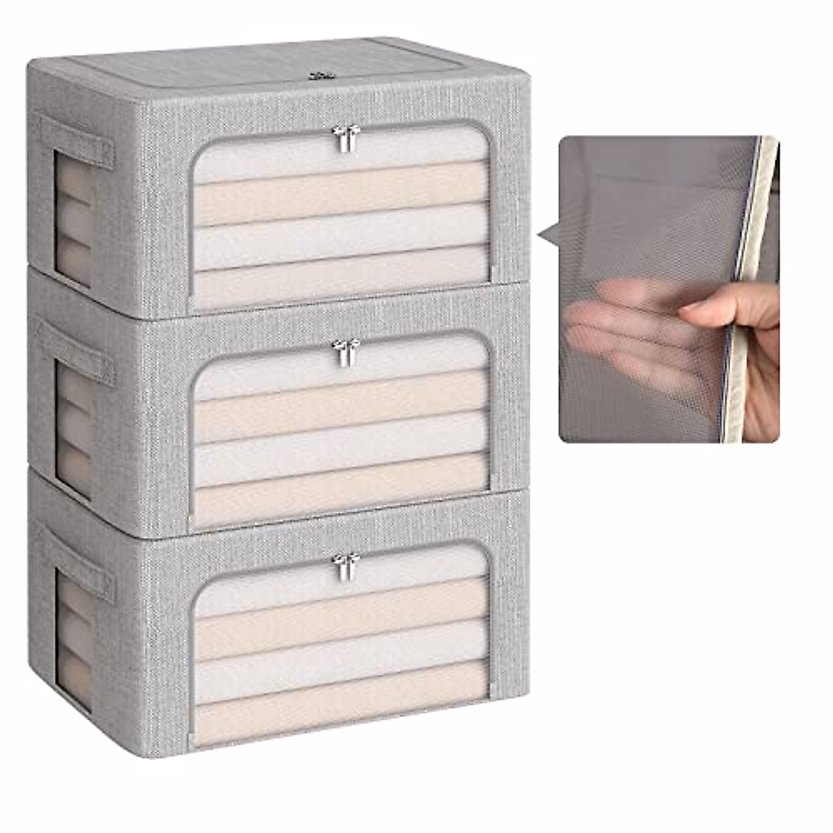 FAikhom 3 Pack Clothes Storage Bins Stackable Storage Box Large Capacity Foldable Metal Frame Storage Container Organizer with Mesh Window and Carrying Handles (Small-22L, Light Gray)