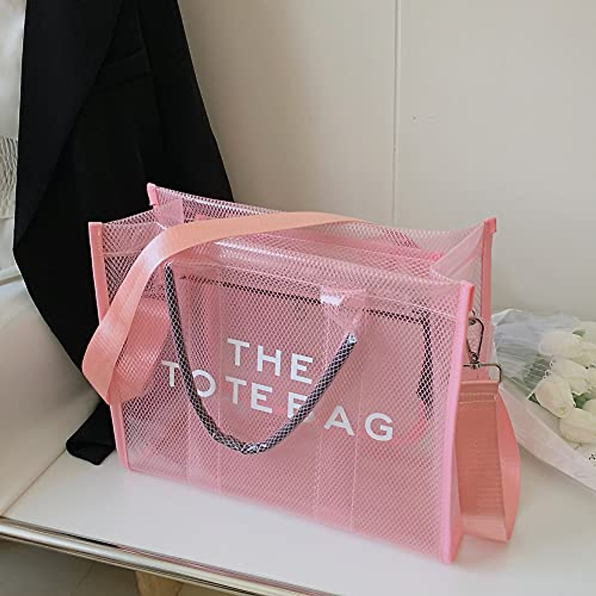 JQAliMOVV Clear Tote Bag for Women - Large PVC Transparent the Tote Bag See Through Shoulder Crossbody Bag Handbag for Travel Beach (Pink)