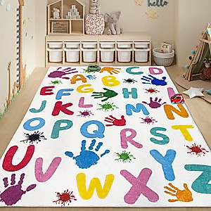 USTIDE Kids Rug ABC Kids Carpet 5x7 Ft Washable Non-Slip Play Mat Indoor Area Rug Carpet for Living Room Bedroom Nursery Room Classroom Colorful Handprint Area Rug for Playroom