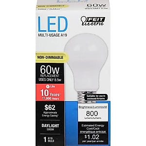 Feit Electric LED Light Bulbs, A19 60W Equivalent, Non-Dimmable, 800 Lumens, A19 LED Light Bulbs, E26 Base, 5000k Daylight, A19 LED Bulbs, 10 Year Lifetime, 1 Pack, A800/850/10KLED