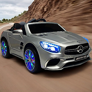 Americas Toys Kids Car with Remote Control, Mp4 Touch Screen, LED Wheels, Leather Seat – Electric Car for Kid to Drive, Open Trunk, Pull Handle, Compatible with Mercedes Benz Painted Silver