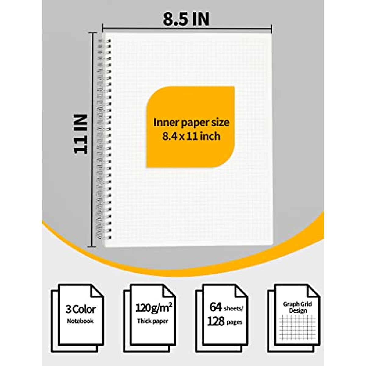 SUNEE Graph Paper Notebook - 3 Pack Large Spiral Grid Notebook, 8.5" x 11", 5 X 5mm Graph Ruled (5 sq/in), 120gsm Thick Paper, 64 Sheets, Blue, Pink, Transparent