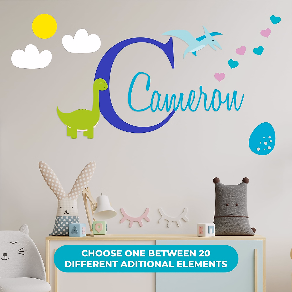 Custom Name & Initial Dinosaur Wall Decals I Personalized Dinosaur Bedroom Decor for Boys or Girls I Dinosaur Birthday Party Supplies I Nursery Wall Decal (Wide 32" x 20" Height)