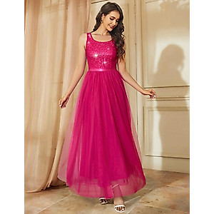 BeryLove Women's Long Sequin Party Dress Sleeveless Boat Neck Prom Wedding Homecoming Dresses for Teens Cocktail Evening Gown S001 Rose Red M