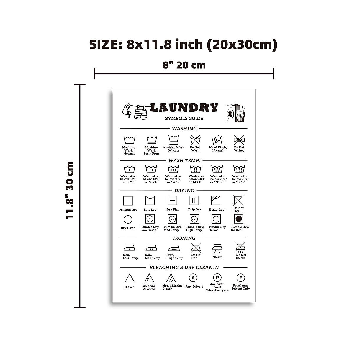 Noare Laundry Symbols Sign & Stain Removal Guide Magnet Cheat Sheet for Room Wall Art Decor 8x11.8 inch - Washing Drying Ironing & Bleaching Accessory