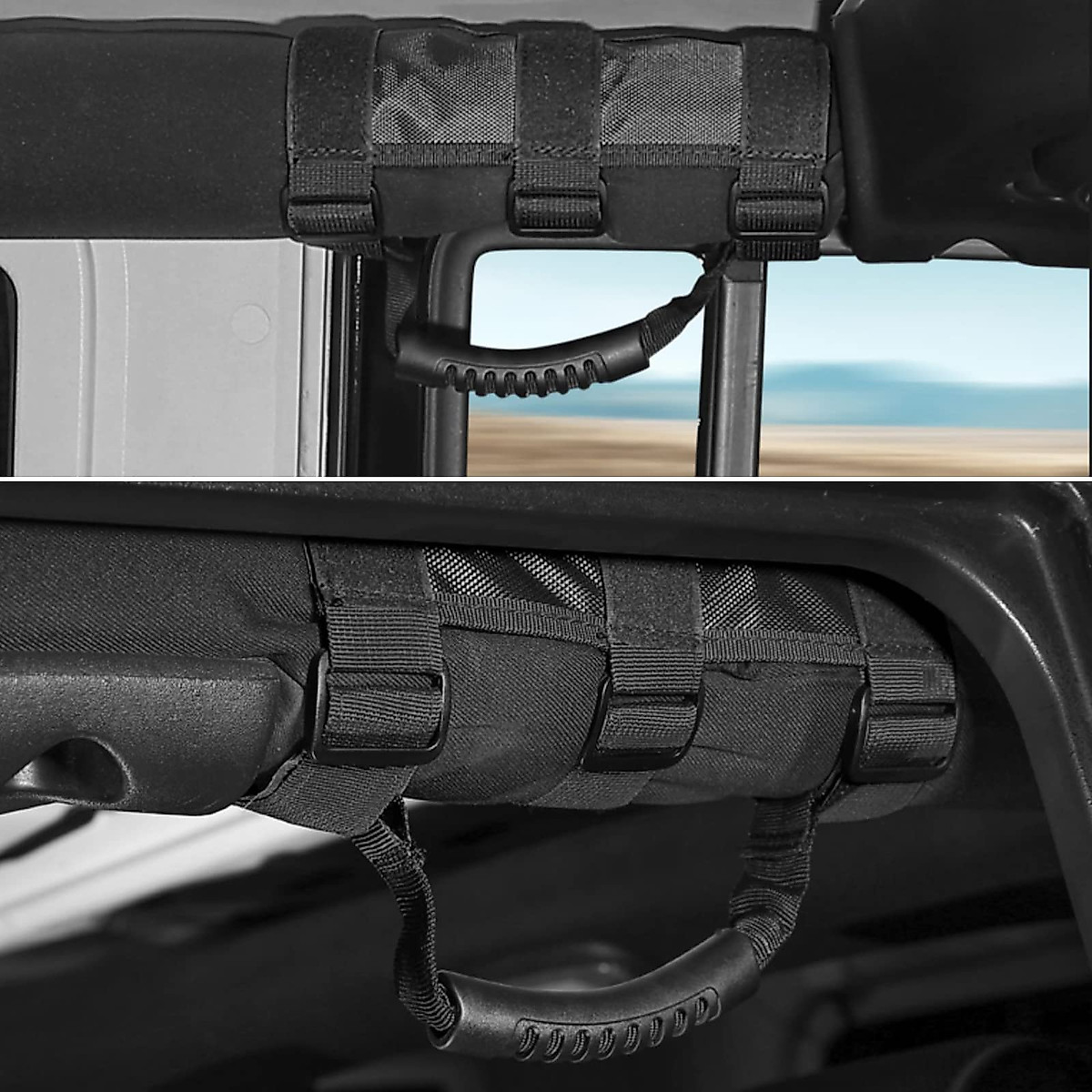 cueclue Pack-2 Auto Grab Handle Set, Roof Handle Strap, Armrest Car Handle Strap, 3 Straps American Flag Design, Compatible with Jeep Wrangler TJ YJ JK, for 1987-2022 Models (Black)