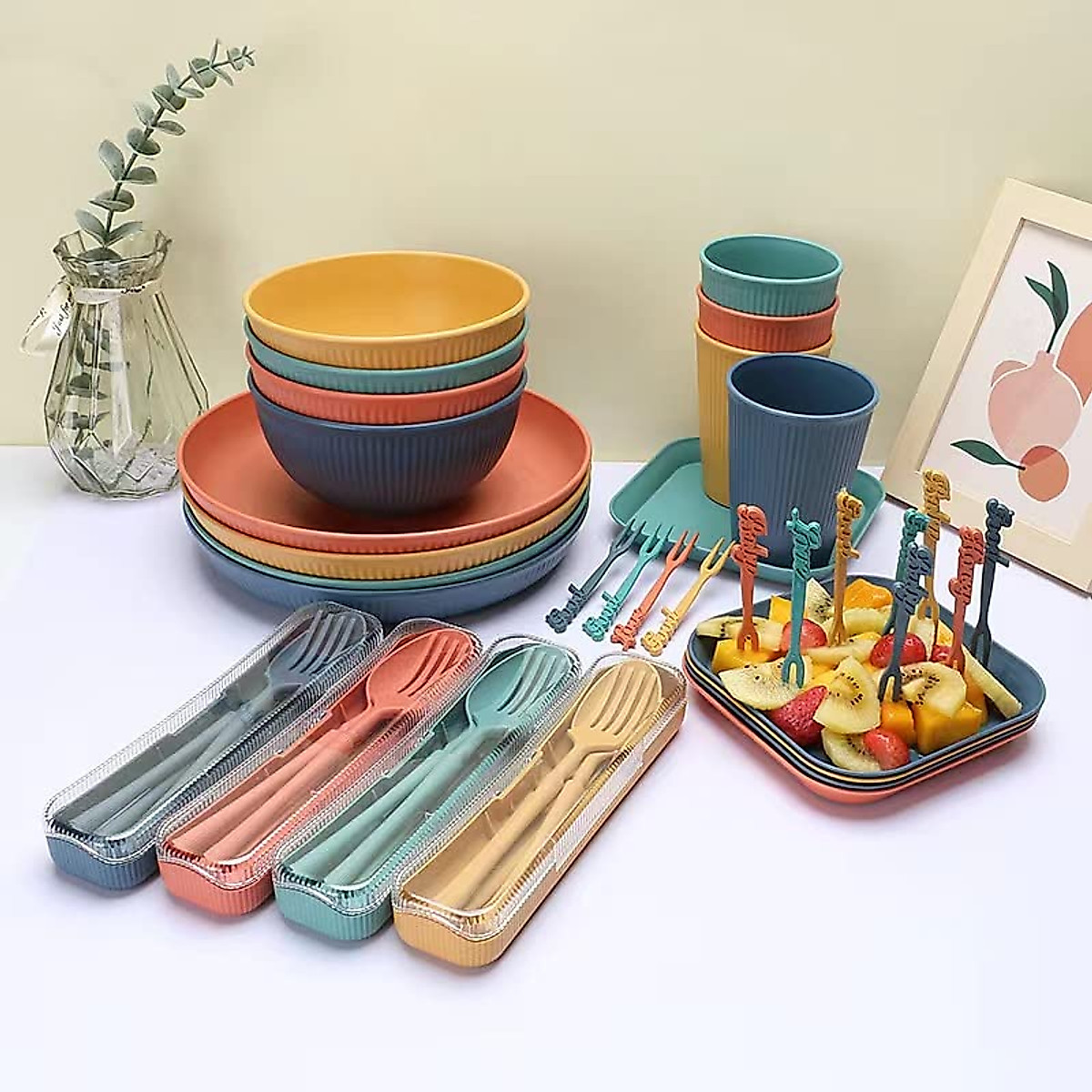 Wheat Straw Dinnerware Sets (48Pcs) Reusable Dishware Sets with Plates, Cups, Knives, Forks and Spoons,Lightweight Camping Dishes,Dishwasher Microwave Safe,for Camping Kitchen Picnic College Dorm