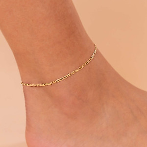 PAVOI 14K Gold Plated Snake and Marina Link Flat Anklet for Women (Marina, Yellow Gold Plated)
