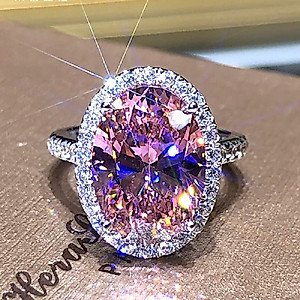 hsiyyecg Split Shank Platinum Plated Pink Crystal Rings, Big Oval Cubic Zirconia Ring, Women's Fashion Wedding Engagement Solitaire Rings Gifts (US Size 7)