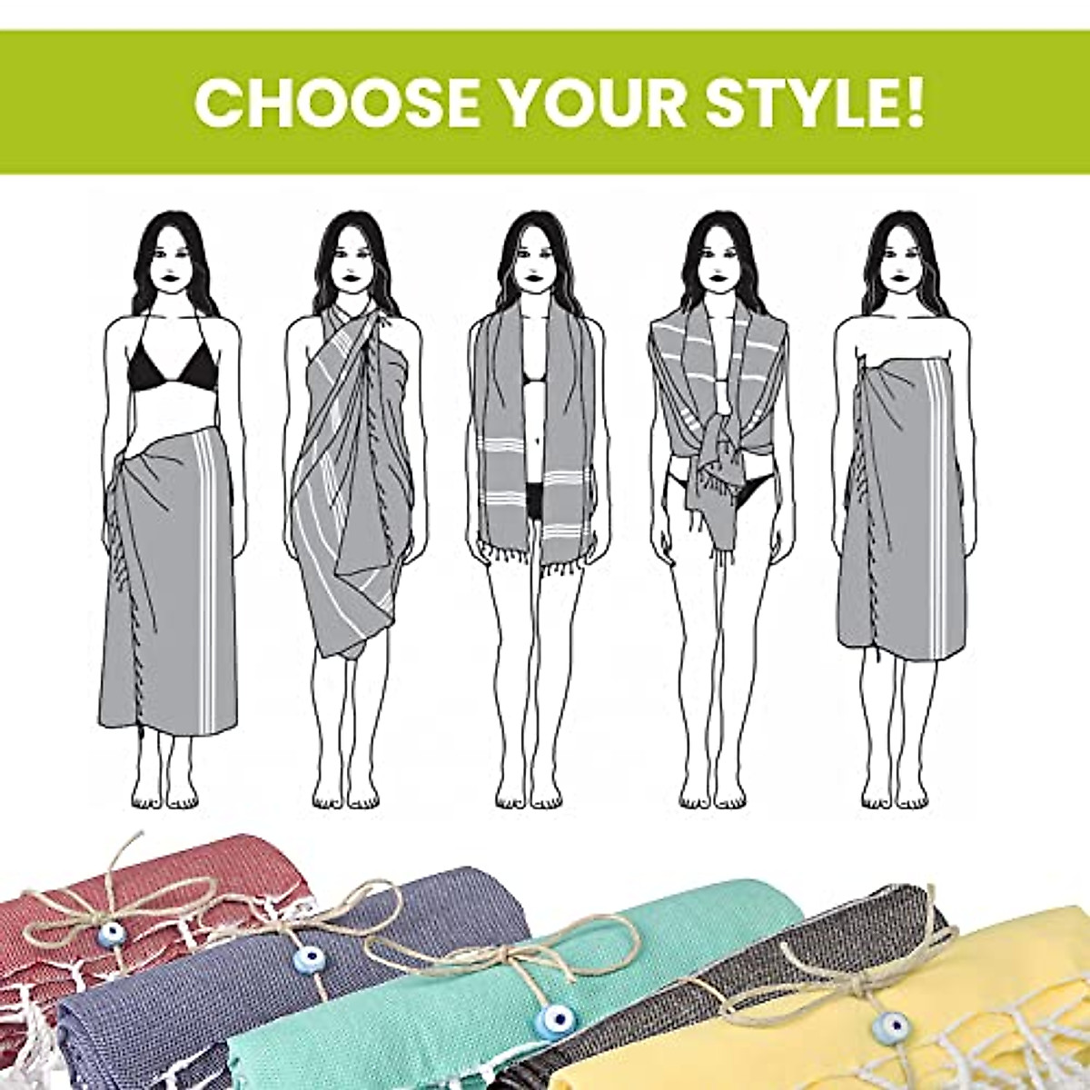 Clotho Turkish Beach Towel Set of 6 with 2 Towel Bands - Quick Dry Beach Towels Oversized Sandproof - 100% Cotton 39x70 - Extra Large Light Travel Towel Giftable Beach Essential