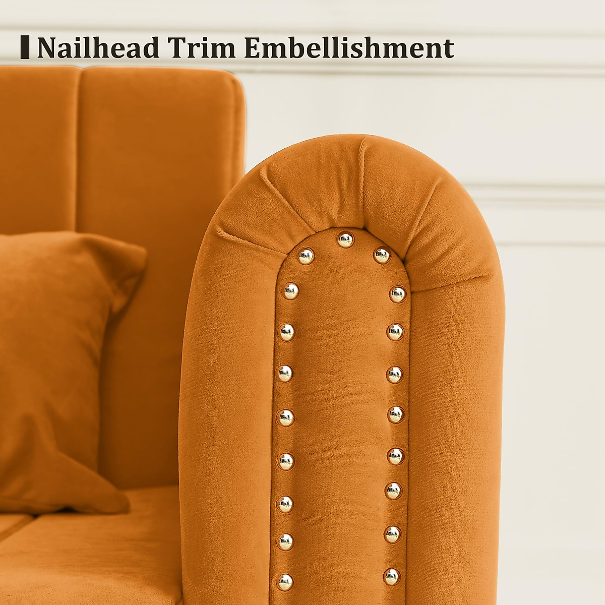 DEINPPA Sleeper Sofa Bed with Storage, Pull Out Sofa Bed with Nailhead Tirm Embellishment, Convertible Futon Bed for Living Room Bedroom Guestroom Lounge, Velvet Fabric-Orange