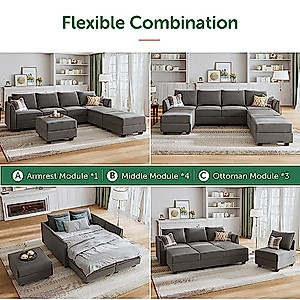 HONBAY Modular Sectional Sofa Velvet U Shaped Couch with Ottomans Convertible Sectional Couch 7 Seater Sofa with Storage Seat, Grey