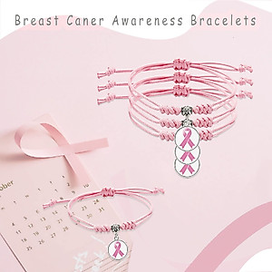Palotay 10PCS Breast Caner Awareness Bracelets Pink Ribbon Braided Bracelets Breast Cancer Bracelets with Ribbon Pink Adjustable Breast Cancer Bracelets for Women Breast Caner Awareness Month Gifts,