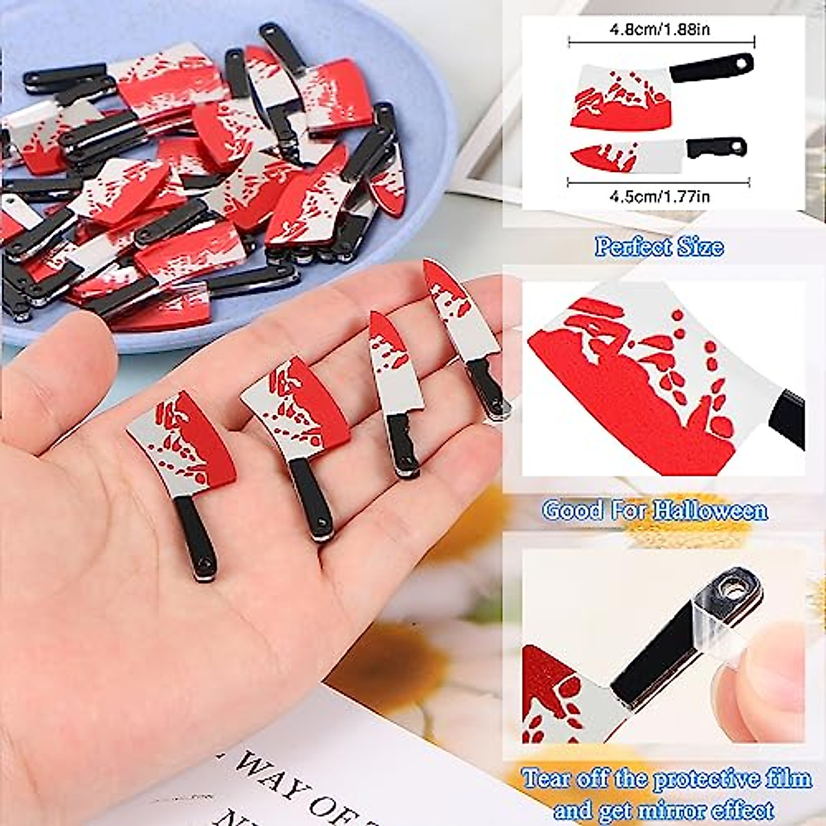 CCOZN 24 Pcs Fake Knife Charms, Halloween Pendant Mini Acrylic Knives Beads for Women DIY Jewelry Making Crafting Halloween Charms with Box, 2 Styles