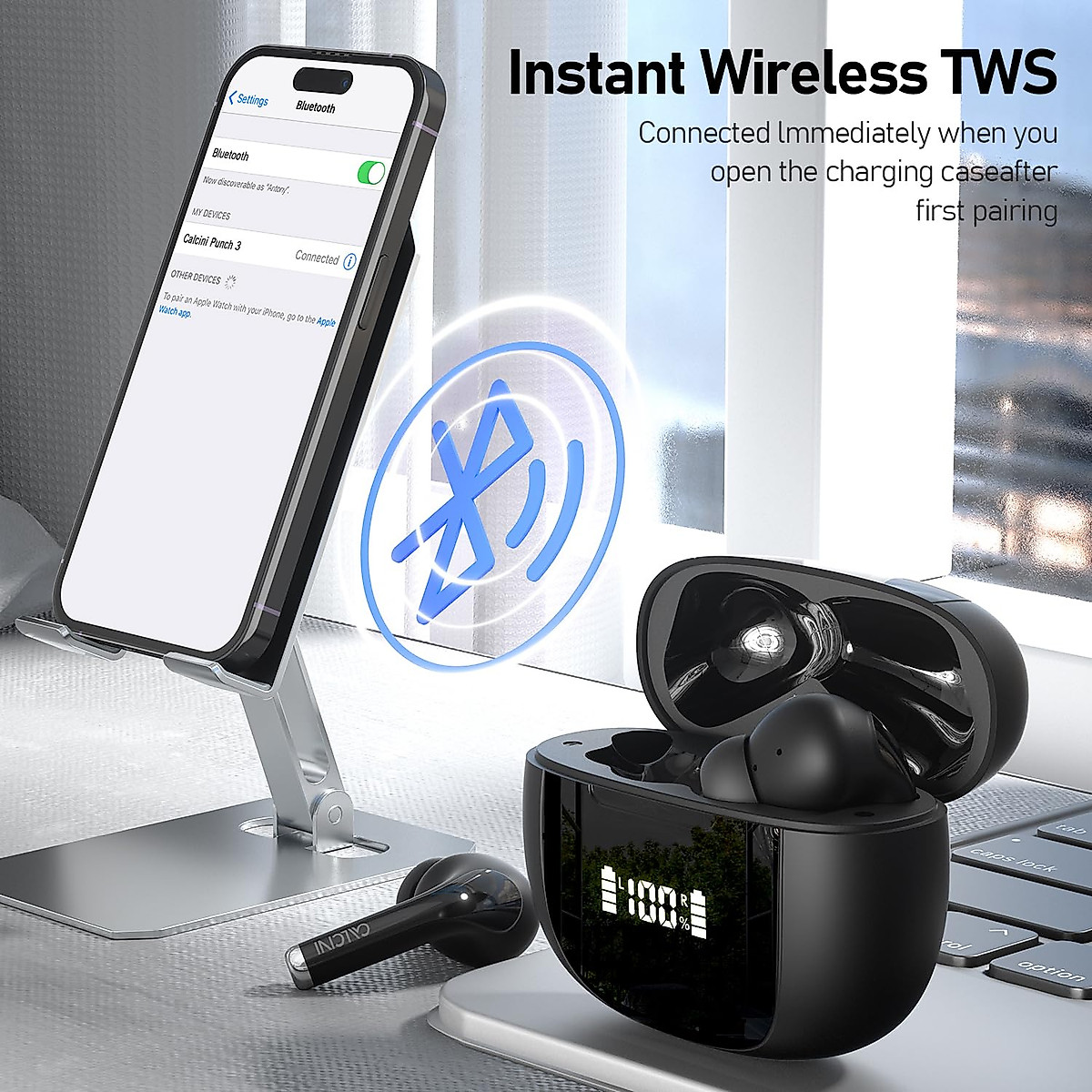 CALCINI Wireless Earbuds, Bluetooth Earbuds 5.3 with LED Power Display Charging Case (Black)