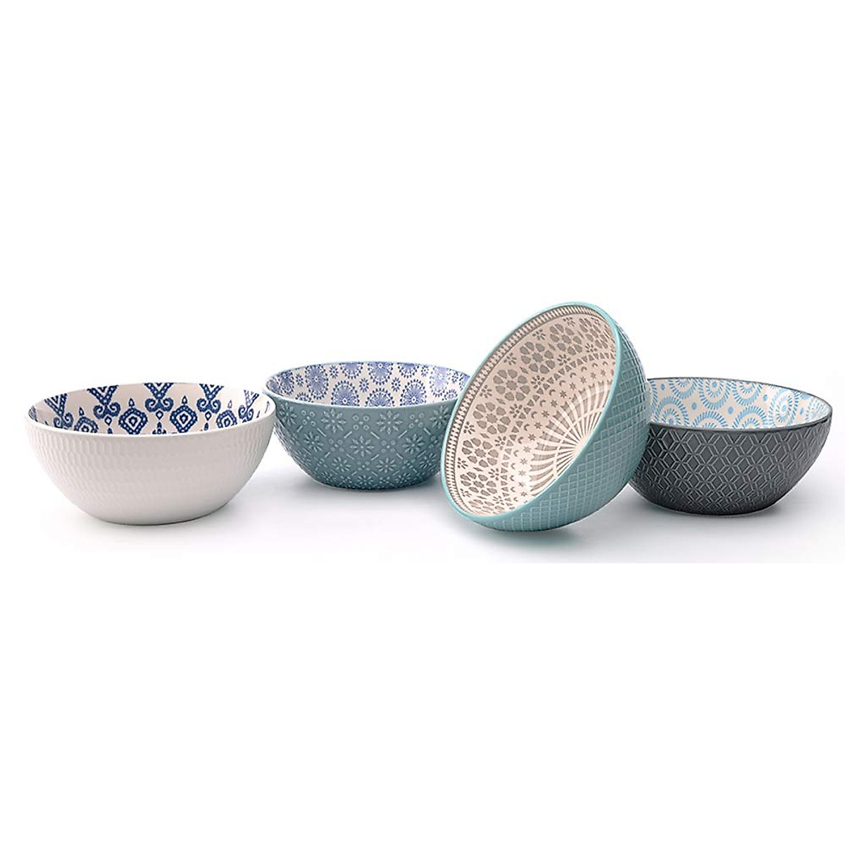 Signature Housewares Pad Print 11 Set of 4 Snack Bowls 6", Aqua, Light Blue, Dark Blue, White