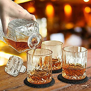 Whiskey Decanter and Glasses Set Crystal Bourbon Decanter Set with 4 Whiskey Glasses for Liquor Scotch Rum Vodka Gifts for Men Dad Husband Birthday Anniversary Plus 4 Free Coasters