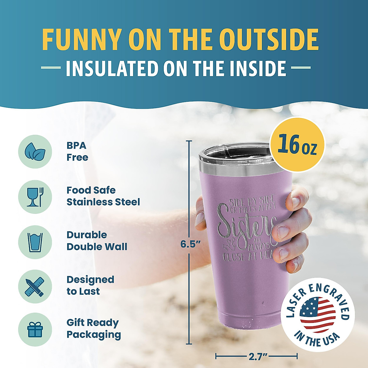 Sodilly Sister-Themed Tumbler Sister - Heartfelt Gift for Women - Ideal Birthday Present for Adult Sister - Long Distance Sister Gifts - Perfect Sister Cup - Sister Mugs Personalized - 16 oz Lilac