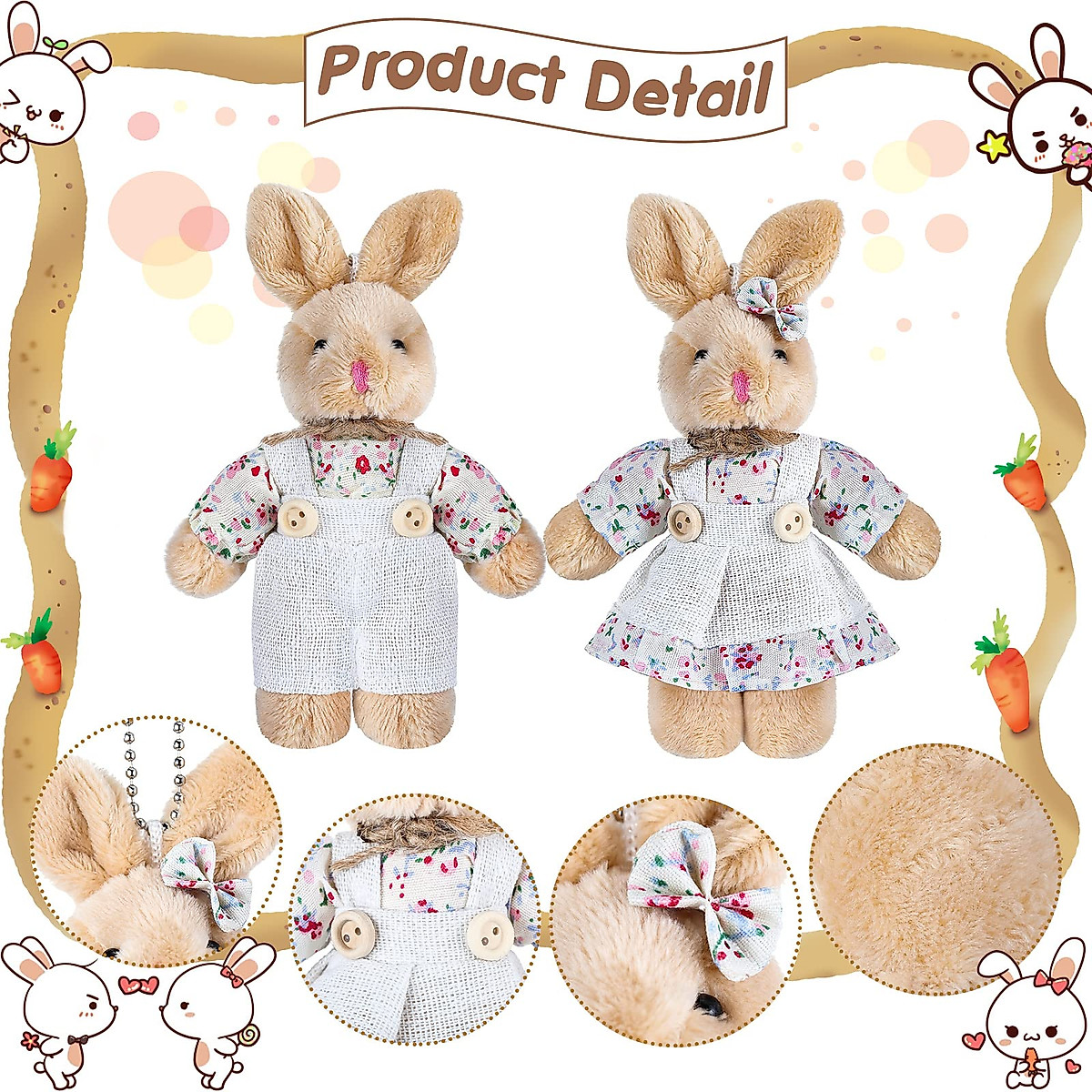 Skylety 12 Pcs Mini Bunny Plush Stuffed Animal Small Couple Easter Rabbit Plushie Burlap Floral Baby Shower Decoration Cute Soft Bunny for Valentines Birthday Party Favor, 4 Inch (Cute Style)