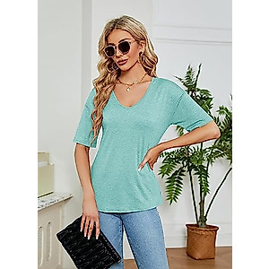 Sherosa Womens Summer Tops Short Sleeve V Neck Tee Shirts Trendy Cute Shirts Light Green L