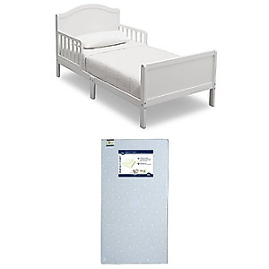 Delta Children Bennett Toddler Bed, Bianca White with Serta Perfect Start Crib and Toddler Mattress