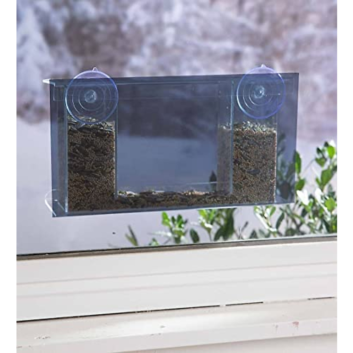 Wind & Weather Clear Mirrored Window Bird Feeder | Strong Suction Cups | Easy to Fill and Clean | Holds Approximately 1 LB of Seed | 13" L x 5" D x 7" H | for Glass Window Perch Elderly and Kids