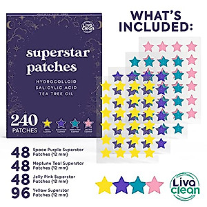 LivaClean 240 CT Superstar Acne Patches w/Salicylic Acid & Tea Tree, Star Pimple Patch Pimple Patches for Face Pimple Patches Stars Hydrocolloid Acne Patches Cute Zit Patches for Face Healing Sticker