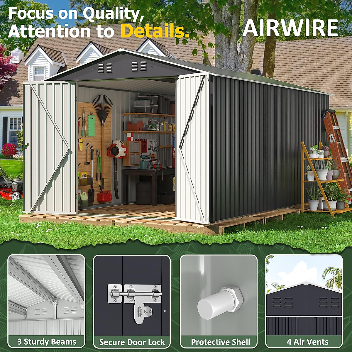 AirWire 8x12 FT Outdoor Storage Shed, Garden Shed with Updated Frame Structure and Lockable Doors, Metal Tool Sheds for Backyard Garden Patio Lawn, Grey
