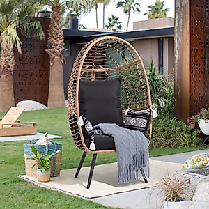 JOIVI Wicker Egg Chair, Oversized Indoor Outdoor Lounger Large Egg Basket Chair with Stand and Cushions for Patio Porch, Backyard, Living Room, Balcony (Beige Rattan, Black Cushion)