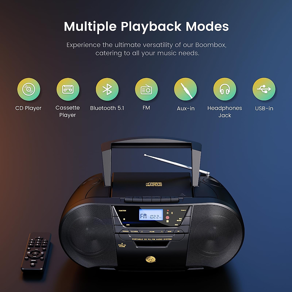 Boom Box CD and Cassette Tape Player, Hernpark Rechargeable CD Tape Player with Remote Control, Bluetooth, FM Radio, Sleep Mode, Stereo Sound, EQ Mode, USB Drive, Aux/Headphones Jack (Black)