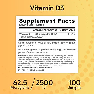 Jarrow Formulas Vitamin D3 62.5 mcg (2,500 IU) - 100 Servings (Softgels) - Bone Health, Immune Support & Calcium Metabolism Support - Vitamin D Supplement - D3 Vitamins - 2500 Vitamin D - Gluten Free