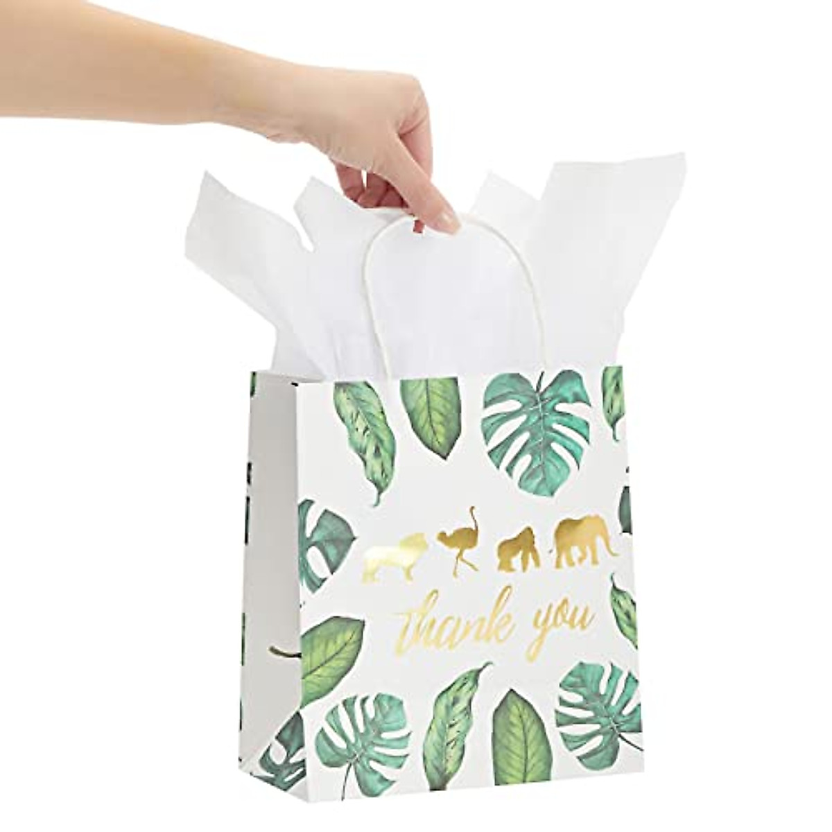 Juvale 12 Pack Safari Thank You Bags with Tissue Paper, Wild One 1st Birthday Themed Decorations for Girls and Boys (8 x 9 x 4 In)