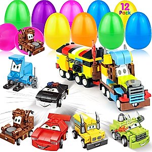 12 Pack 3" Large Filled Easter Eggs with Stem Toy Cars Kids Easter Basket Stuffers Plastic Surprise Egg Building Blocks 6 in 1 Transform Construction Vehicle Easter Toy Boys Girl Egg Hunt