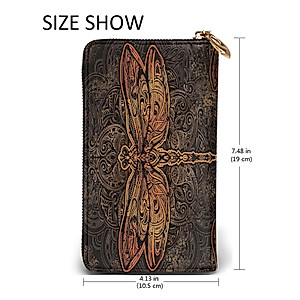 Long Handbag Purse Wristlet Bag Card Holder Wallet-Dragonfly Mandala Ethnic Tribal Leather Wallet For Women Men