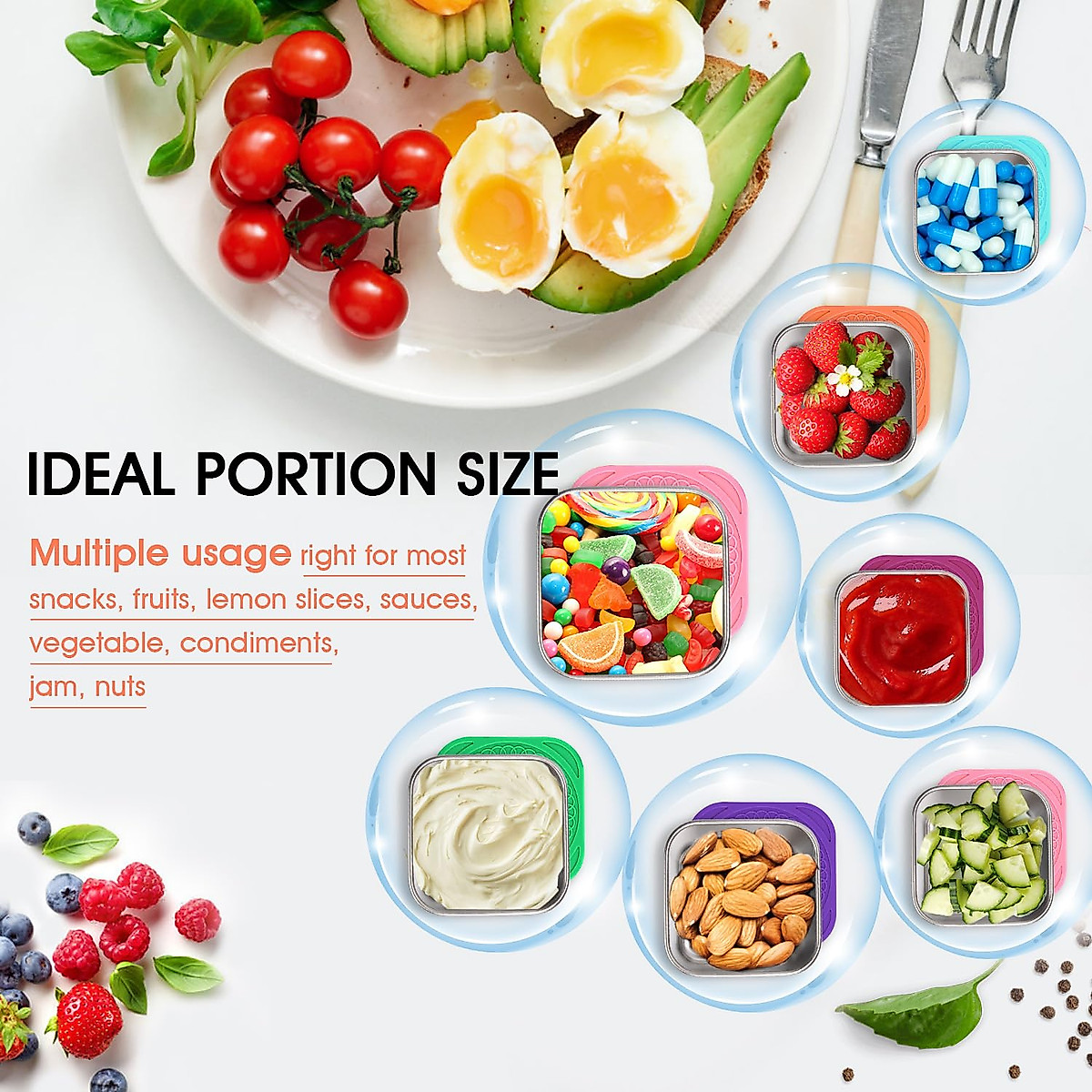 6Pack Stainless Steel Snack Containers, 6oz 304 Stainless Steel Metal Sauce Food Storage Box Containers with Silicone Lids, Reusable Small Portable Leak Proof Food Lunch Boxes Set, Easy Open