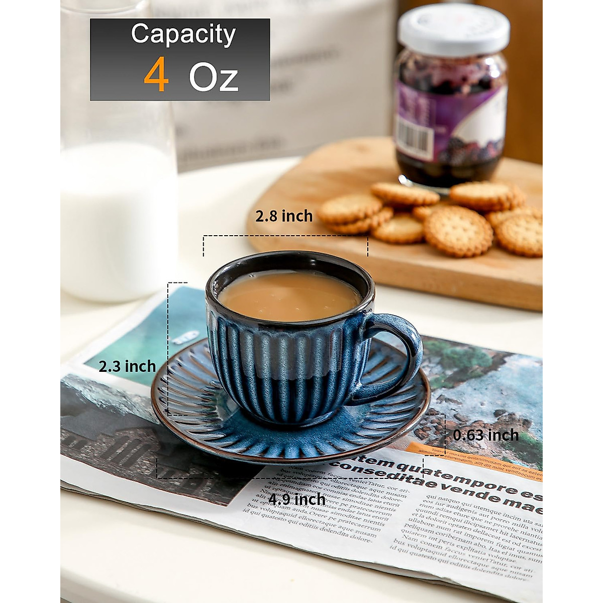 Hasense 4 Oz Espresso Cups with Saucers Set of 4, Ribbed Cappuccino Cups Ceramic for Coffee,Espresso,Double shot,Latte and Macchiato, Demitasse Cups Set Aesthetic Gift, Blue