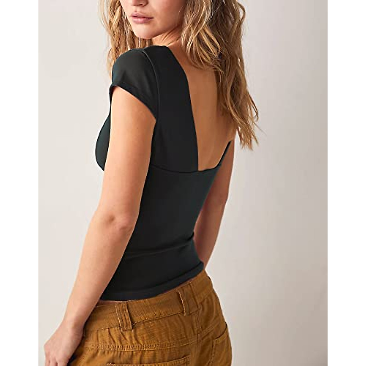 TiulZial Women's Sexy Backless Crop Tank Tops Deep V Neck Short Sleeve T-Shirts Slim Fit Y2K Tops Open Back Cami Tops Black,S