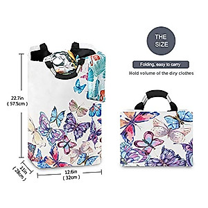 ALAZA Large Laundry Basket Blue & Pink Butterfly Laundry Bag Hamper Collapsible Oxford Cloth Stylish Home Storage Bin with Handles, 22.7 Inch