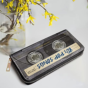 WIRESTER PU Leather Clutch Purse Card Holder Wallet, Zip Around Long Wallet for Women - Retro Clear Cassette Tape Pop Songs