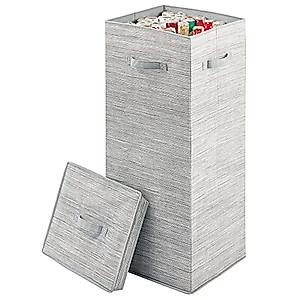 mDesign Tall Gift-Wrapping Paper Storage Box with Handles, Holder for Christmas and Holiday Organizer Container - Removable Lid for Rolls of Wrap, Inside Closet Storage Totes, Stripe, Taupe/Tan