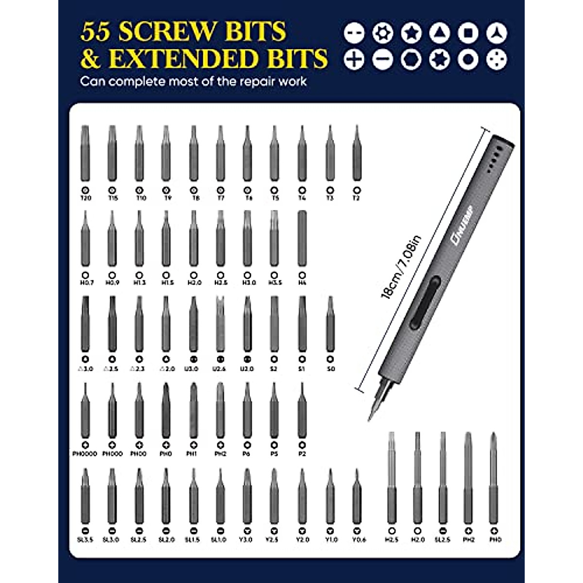 ONUEMP Mini Electric Precision Screwdriver Cordless, Anti-Slip Rechargeable Power Screwdrivers Set, with 55 Precision Bits, 3 LED Light, Magnetic Pad, Repair Tool Set for Phone Laptop Watch Computer