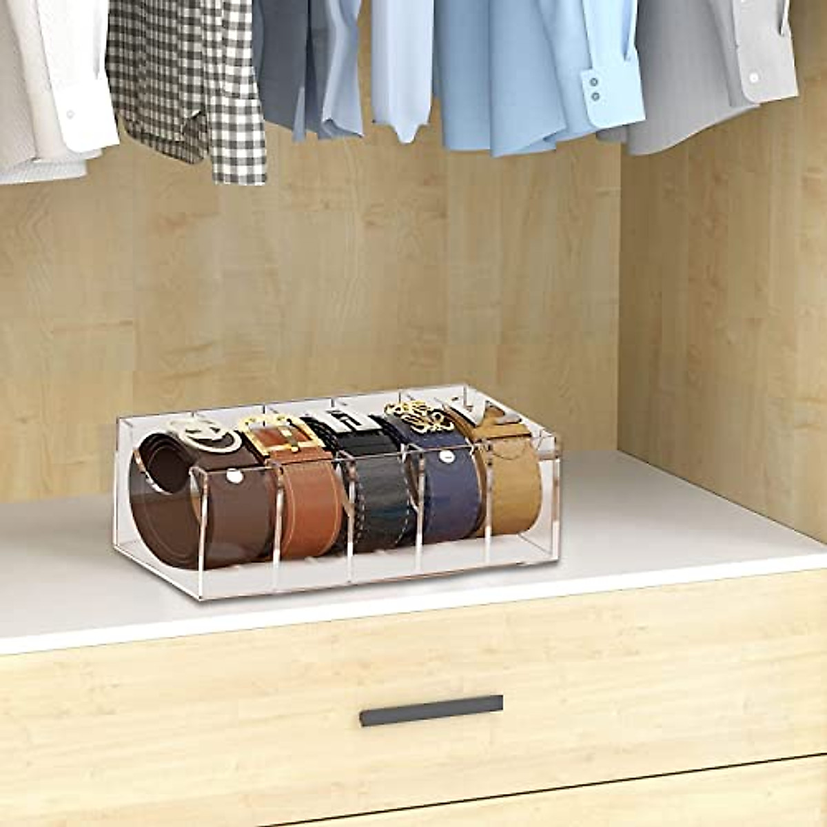 Belt Organizer for Closet，Belt Holder for Closet，Tie and Belt Organizer for Closet,Belt Organizer with 5 Compartments Display Case