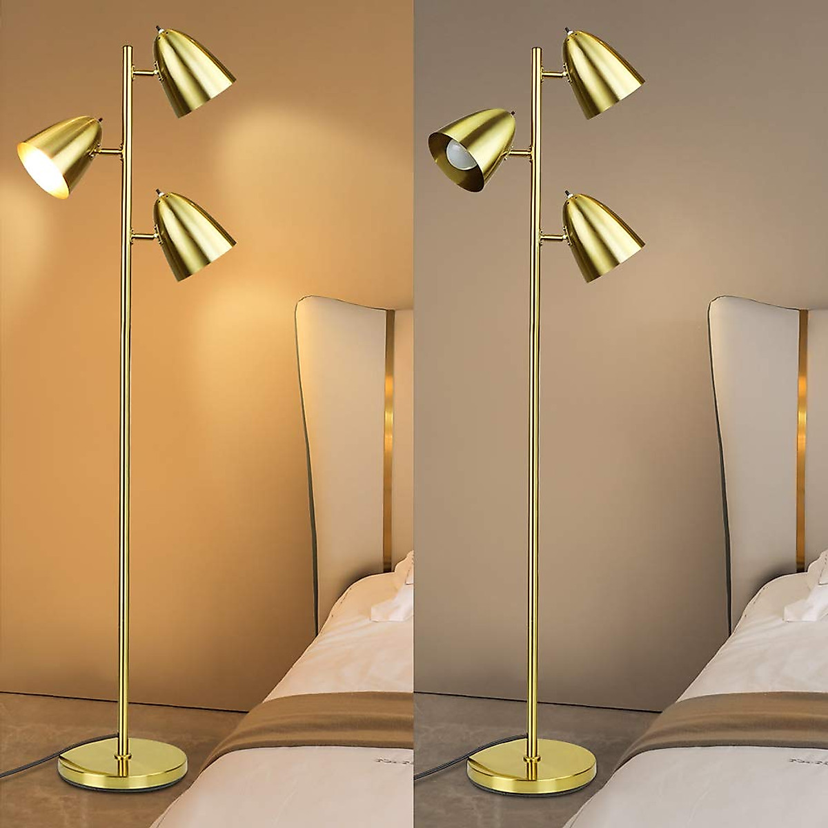 DLLT Modern Floor Lamp, 3-Light Reading Standing Tree Lamp, Gold Corner Floor Lamp with Adjustable Metal Heads, Brass Tall Pole LED Lighting for Living Room, Bedroom, Office, E26 Base (Bulbs Include)