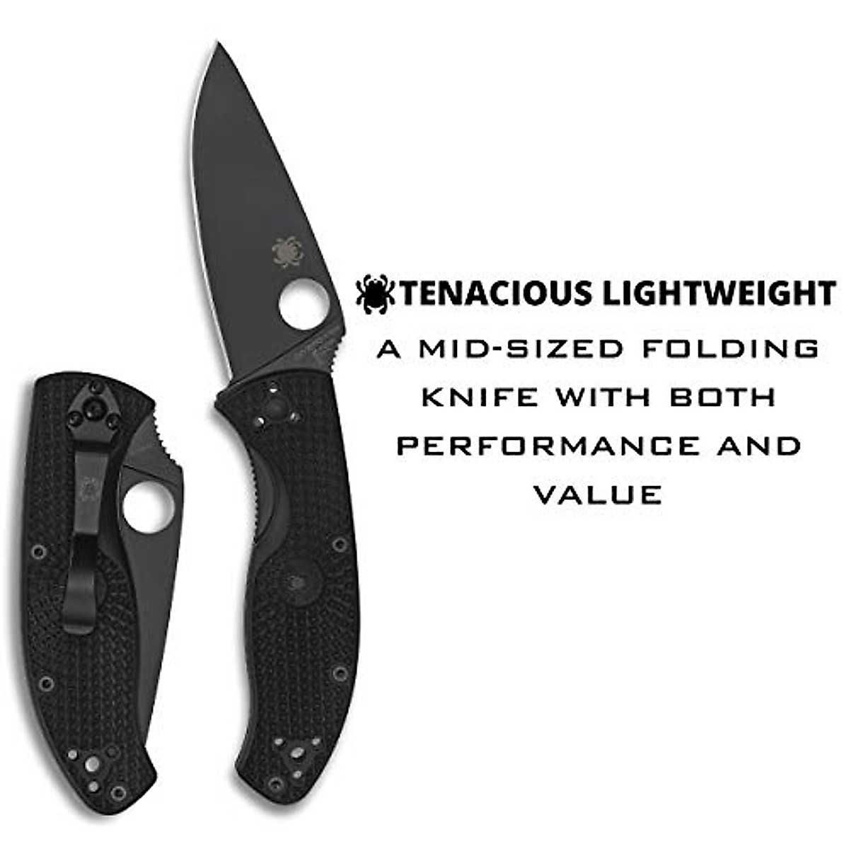 Spyderco Tenacious Lightweight Folding Utility Pocket Knife with 3.39" Black Stainless Steel Blade and Black FRN Handle - Everyday Carry - PlainEdge - C122PBBK
